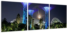 Obraz úplňku v Singapuských zahradách (s hodinami) (90x30 cm)