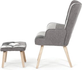 Relaxační křeslo ušák s podnožkou LYRO - šedá patchwork látka