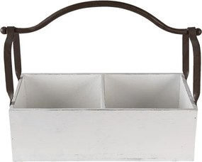 Bílý dřevěný retro box se dvěmi přihrádkami a kovovým uchem - 41*19*29 cm