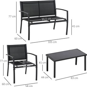 Outsunny 4-dílná venkovní zahradní souprava se 2 židlemi, 1 dvojmístnou pohovkou a černým skleněným stolem