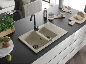 Mexen Gaspar, granitový dřez 737x475x177 mm, 1,5-komorový, béžová s černým sifonem, 6507731505-69-B