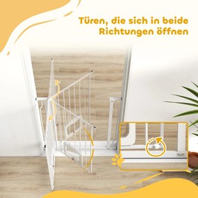 PawHut rozšiřitelná bezpečnostní brána pro psy, 75–85 cm — do dveří a na schodiště, malá dvířka, tlakové uchycení, dvojité zamykání, bílá