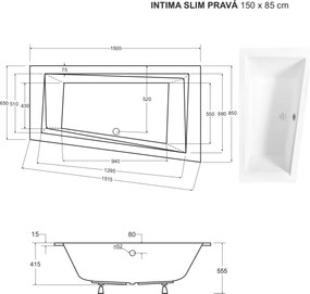 Besco INTIMA SLIM 150 x 85 cm VANINTI15SLIMP+OLVPINOZSTELI vana vč. nožiček levá