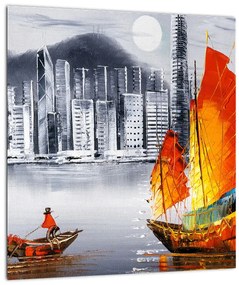 Obraz - Victoria Harbor, Hong Kong, černobílá olejomalba (30x30 cm)