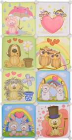 HOMCOM Modulární regál na boty s motivy zvířat do interiéru, 8 kostek 35x45x35cm z PP plastu a oceli, 74x47x144cm, Růžová | Aosom