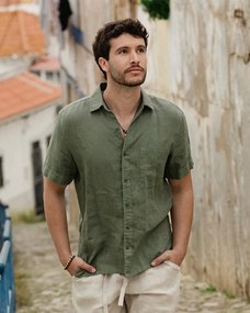 Magic Linen Pánská lněná košile s krátkým rukávem DENVER v mlžně zelené barvě Velikost: S
