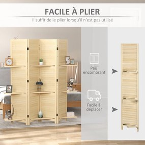 HOMCOM Příčka do interiéru 4 panely 160D x 170V cm 3 skládací police s žaluzkovými dveřmi z přirozeného paulovního dřeva