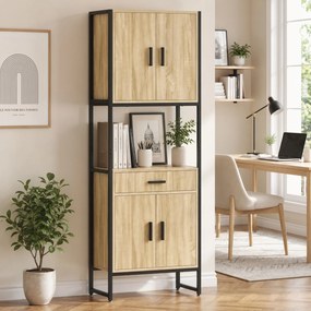 HOMCOM vysoká skříň do kuchyně, kuchyňská skříňka, 4 dveře s tlumeným zavíráním, zásuvka, pracovní deska, 60x30x170 cm, přírodní dřevo