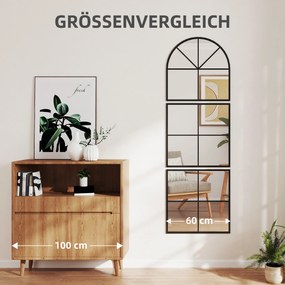 HOMCOM nástěnné zrcadlo 60 x 180 cm trojdílné, zakřivené zrcadlo s kovovým rámem, dekorativní visící zrcadlo, okno zrcadlo pro koupelnu a obývací pok…