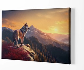 Obraz na plátně - Vlk na skále zkoumá svůj rajon FeelHappy.cz Velikost obrazu: 120 x 80 cm