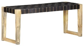 Lavice 110 cm černá pravá kůže a masivní mangovníkové dřevo - Default Title