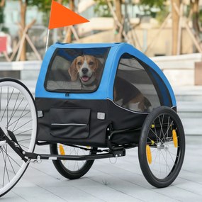 PawHut Skládací přívěs pro psy s odrazkami Okno ze síťoviny Kolečka Dveře Bezpečnostní praporek pro psy do 20 kg 138x70x89 cm Modrá barva