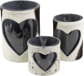 Svícen Srdce z hovězí kůže bílo černá L 20cm - 15*15*20,5cm