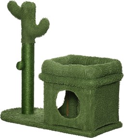PawHut Kočičí škrabadlo ve tvaru kaktusu, výška 67 cm, kočičí věž s pelíškem, plyšovým domem, sisalovým sloupem a visící koulí 68x30x67 cm Zelené | Ao