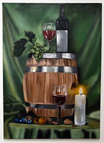 Ručně malovaný obraz na plátně zátiší Vino a soudek