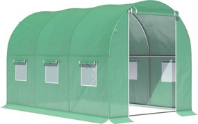 Zahradní tunelový skleník Outsunny s plochou 6m², 3D x 2Š x 2V m, zpevněný tubulární rám, zipová vrata a 6 oken s možností rolování Zelená | Aosom