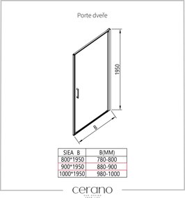 Cerano Porte, 1-křídlé sprchové dveře 90x195 cm, 8mm čiré sklo, černý profil, CER-CER-413492