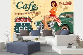 DIMEX | Samolepicí vliesová fototapeta na zeď Plakát Café Route 66 MA-5-2086 | 375 x 250 cm | zelená, červená, žlutá, oranžová