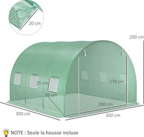 Náhradní plachta Outsunny pro zahradní skleníkový tunel 9 m², rozměry plachty 3L x 3B x 2H m PE anti-UV vodotěsná 6 oken + rolovací dveře na zip Zele…