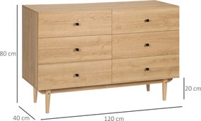 HOMCOM Komoda se 6 Zásuvkami a Masivními Dřevěnými Nohy 120 x 40 x 80 cm Dřevěná Barva