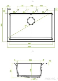Laveo Tau, 1-komorový granitový dřez 700x500x215 mm, černá, LAV-SBT_7107