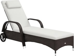 Outsunny Zahradní Lehátko z Polyrattanu s 5stupňově Nastavitelným Opěradlem, Polstrem, Kolíčky, Vankúšom, Nosnost 160kg, 200x73x30-103cm, Kávově hnědá