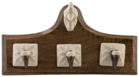 Nástěnný dřevěný věšák s keramickými háčky a slepičkou – 28x8x18 cm