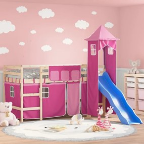 vidaXL Dětská patrová postel s věží 90 x 190 cm borovice [3207082] Barva: Přírodní a růžová
