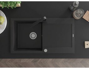 Mexen Leo, dřez granitový 900x500x190 mm, 1-komorový, černá s chromovým sifonem a černá dřezová baterie Rita, 6501-77-670300-70