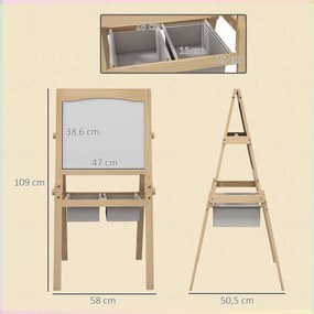 Dětský easel AIYAPLAY 3 v 1 s oboustrannou tabulí, dřevěný easel pro kreslení s papírovým válcem a 2 košíky 58x50,5x109 cm přírodní