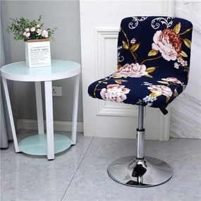 Elastické potahy na židle s nízkým opěradlem, barové židle Motiv: tm. modrá s květy