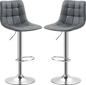 HOMCOM Sada 2 barových židlí z imitace kůže s opěradlem, otočné kuchyňské a obývací židle s opěrkou nohou, 42x45x89-110cm, Šedé | Aosom
