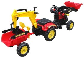 Tomido Šlapací traktor s nakladačem, rypadlem a vlečkou červený