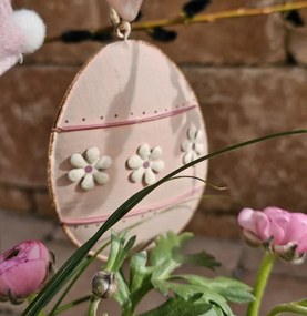 ﻿Růžové antik plechové závěsné vajíčko s květy - 10*2*8 cm