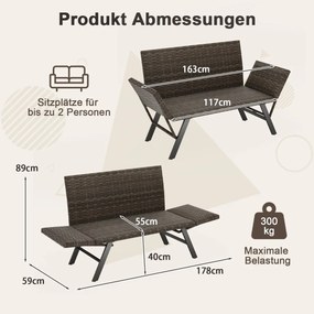 Costway Polyratanová zahradní lavice s polohovací funkcí a nastavitelnými
