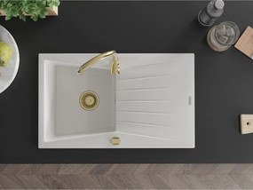 Mexen Cesar, granitový dřez 775x470x190 mm, 1-komorový, bílá se zlatým sifonem, 6514771010-20-G