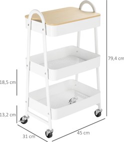 HOMCOM Kuchyňský vozík 3-patrový kovový vozík s velkým úložným prostorem a víkem do kuchyně a kanceláře, bílá ocel 45x31x79,4cm | Aosom.de