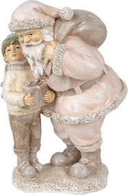Růžová vánoční dekorace socha Santa s chlapcem - 13*11*18 cm
