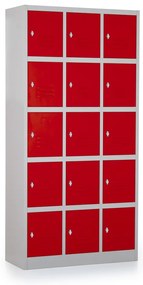 Kovová šatní skříňka - 15 boxů, 90 x 40 x 185 cm, otočný zámek, červená - ral 3000