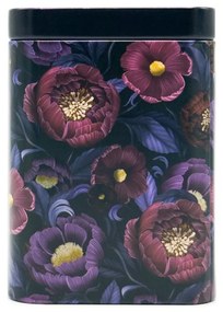 Plechová dóza Mystic Flower, 100 g – fialová, matný povrch, s aroma víčkem, na čaj, kávu a bylinky