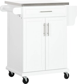 HOMCOM Moderní kuchyňský ostrov s 4 koly, 1 zásuvkou, 1 držákem na utěrky, 1 regálem na koření a nastavitelnou policí 83,5x45,7x90,5 cm Bílý | Aosom
