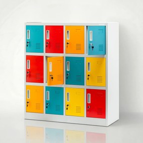 Plechová šatní skříň s 12 boxy OLA, 1090 x 1200 x 450 mm, šedo-více barevní