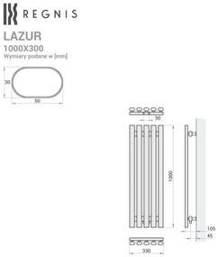 Regnis Lazur LA, topné těleso 330x1000mm se středovým připojením 50mm, 428W, bílá matná, LAZURLA/1000/330/D5/WHITE