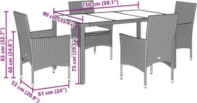 5dílný zahradní jídelní set s poduškami šedý polyratan a sklo 3278557