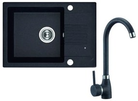 Laveo Ceilia, 1-komorový granitový dřez 650x440x185mm + vysoká dřezová baterie, černá, LAV-SJCG713T