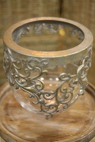 Skleněná nádoba s kovovým ornamentem 20cm