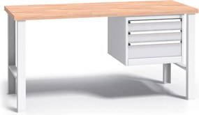 Pracovní stůl do dílny G3 se závěsným boxem na nářadí, buková spárovka, 3 zásuvky, pevné kovové nohy, 1500 mm, šedá