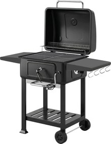 Outsunny Gril na dřevěné uhlí BBQ udírna s víkem Teploměr výškově nastavitelná pánev na dřevěné uhlí Komín Grilovací rošt Boční stolek Popelník