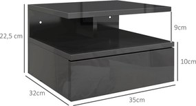 HOMCOM Set 2 Nástěnných Nočních Stolků, Moderní Noční Stoly, s Šuplíkem a Horní Policí z Dřeva, 35x32x22,5 cm, Lesklá Černá