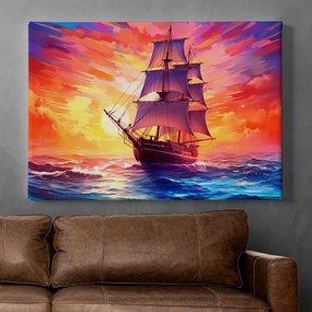 Obraz na plátně - Velká plachetnice na moři při západu slunce FeelHappy.cz Velikost obrazu: 150 x 100 cm